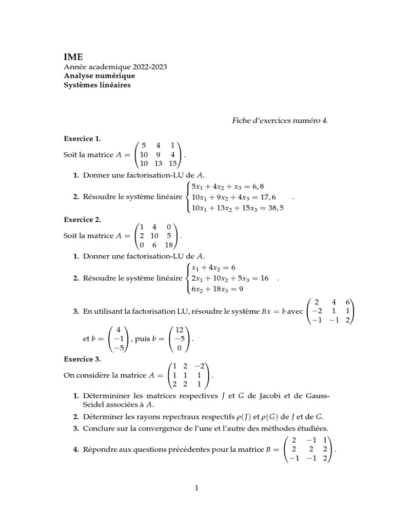 Exercices sur les systèmes linéaires et LU | PDF | Matrice ...