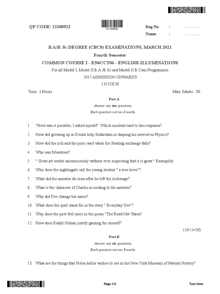 Ba BSC Bcom 4 Sem English Illuminations 21100922 Mar 2021 | PDF