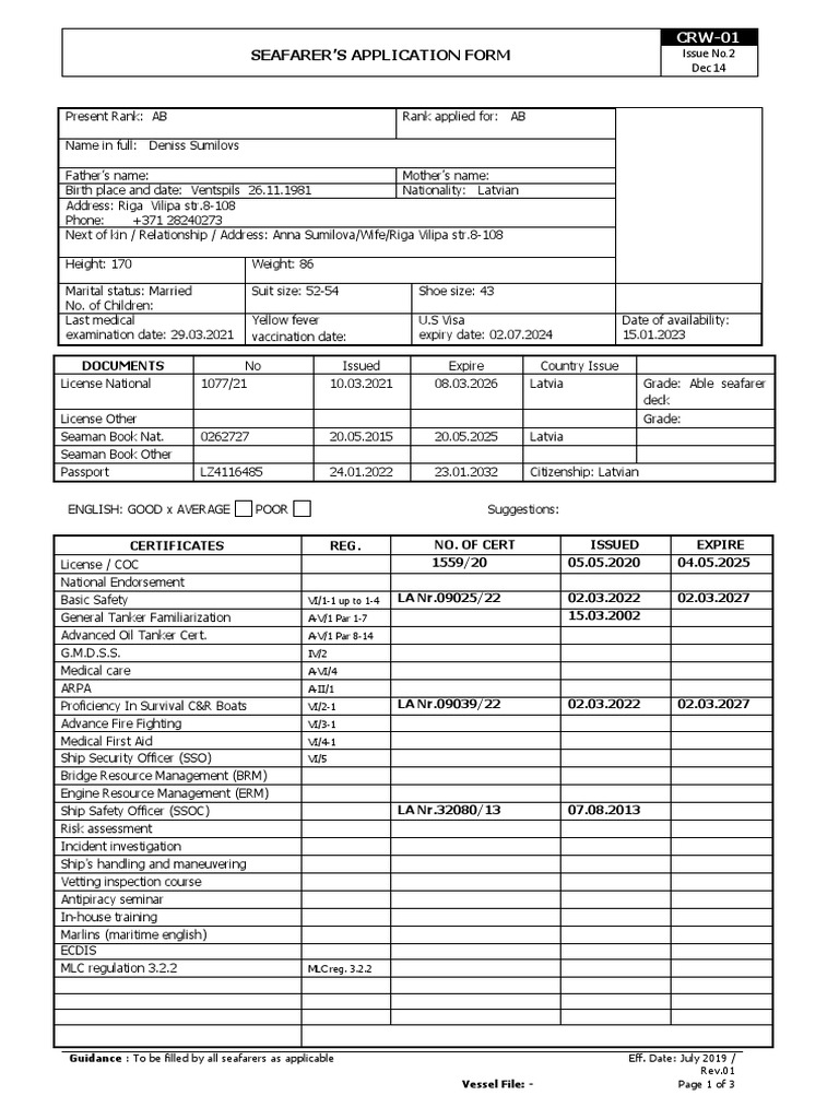 CRW-01 - 1 (Seafarers Application Form) | PDF