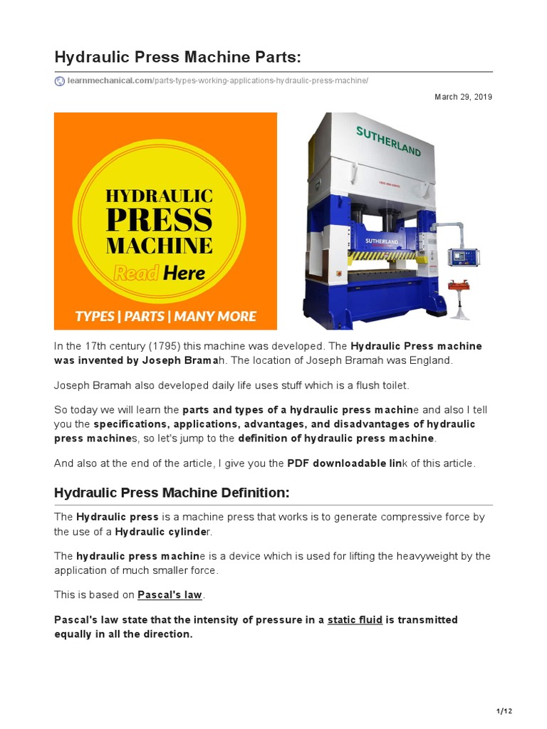 Hydraulic Press Machine Parts Overview | PDF | Machines | Valve