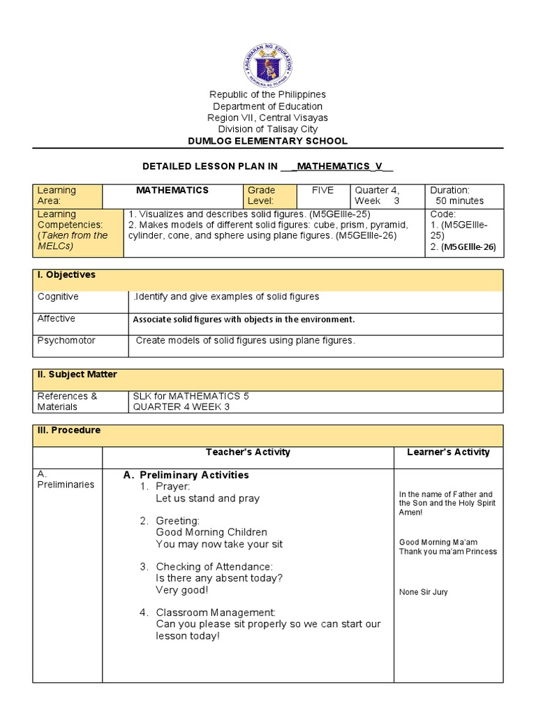 Grade 5 Math: Solid Figures Lesson Plan | PDF | Rectangle | Shape