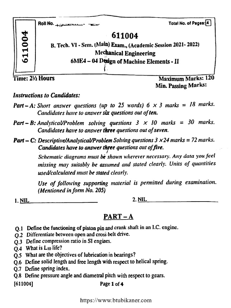 Btech Me 6 Sem Design of Machine Elements 2 611004 2022 | PDF Btech Me 6 Sem Design of Machine Elements 2 611004 2022 | PDF