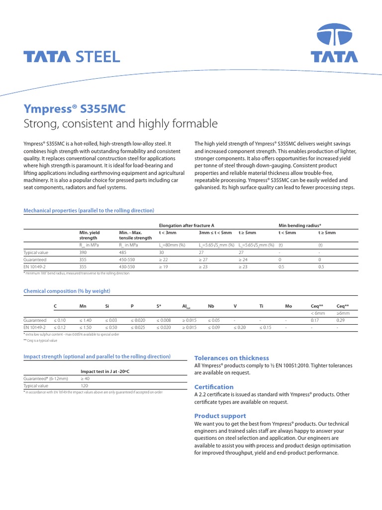 Tata Steel Engineering Ympress s355mc High Strength Steel Datasheet en ...