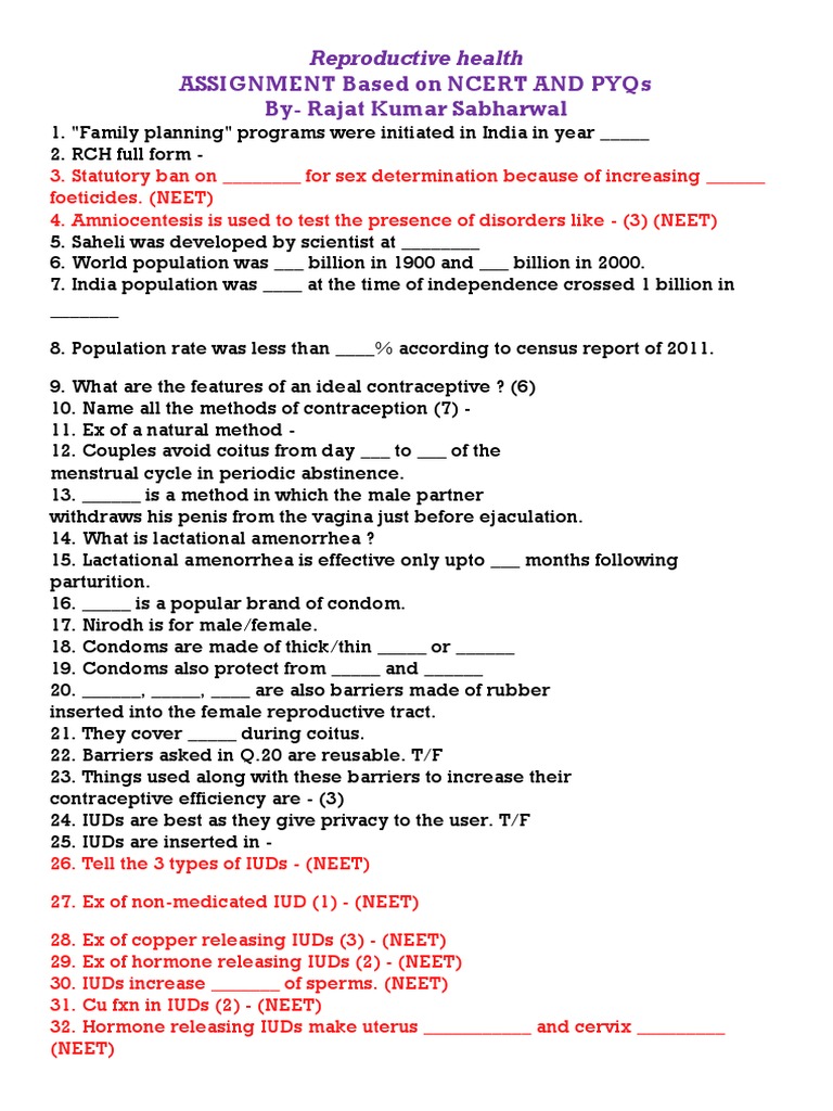 Reproductive Health Assignment | PDF | Human Sexuality | Medicine