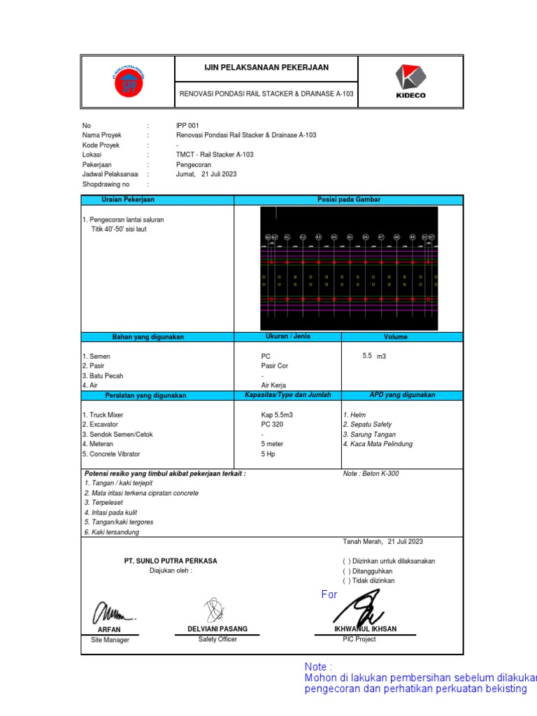 Izin Pelaksanaan Pekerjaan Pengecoran Lantai Saluran Sisi Laut 21 Juli ...