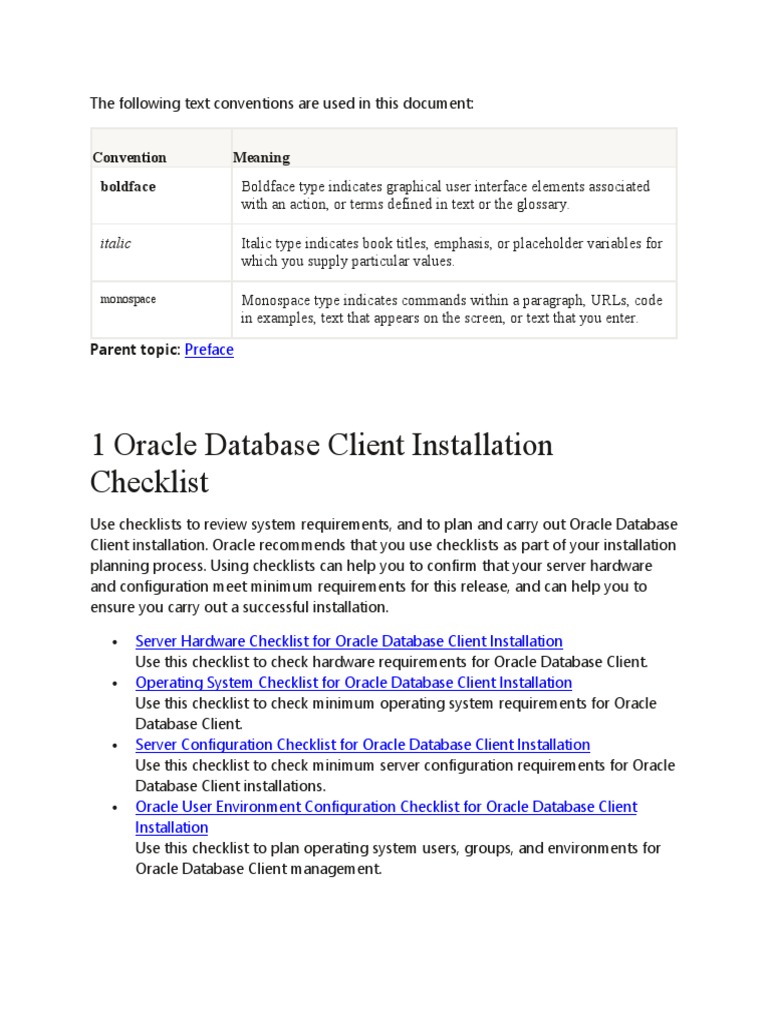 1 Oracle Database Client Installation Checklist: Convention Meaning Boldface | PDF | Business ...