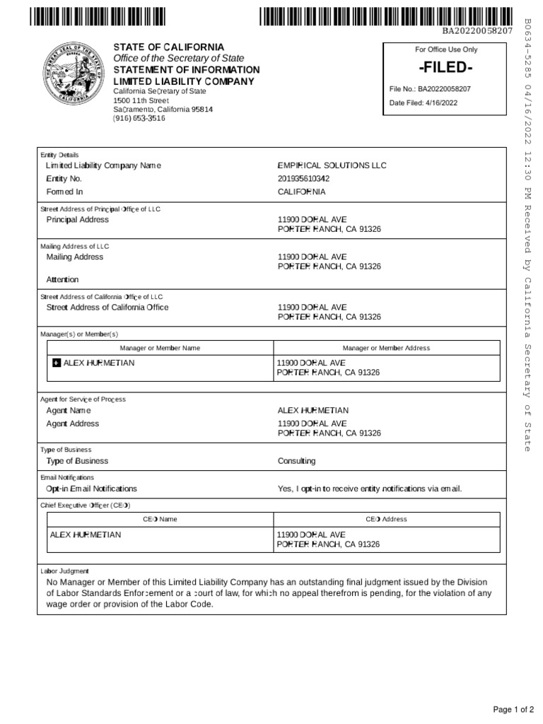 Filed-: Office of The Secretary of State | PDF | Limited Liability Company | Registered Agent