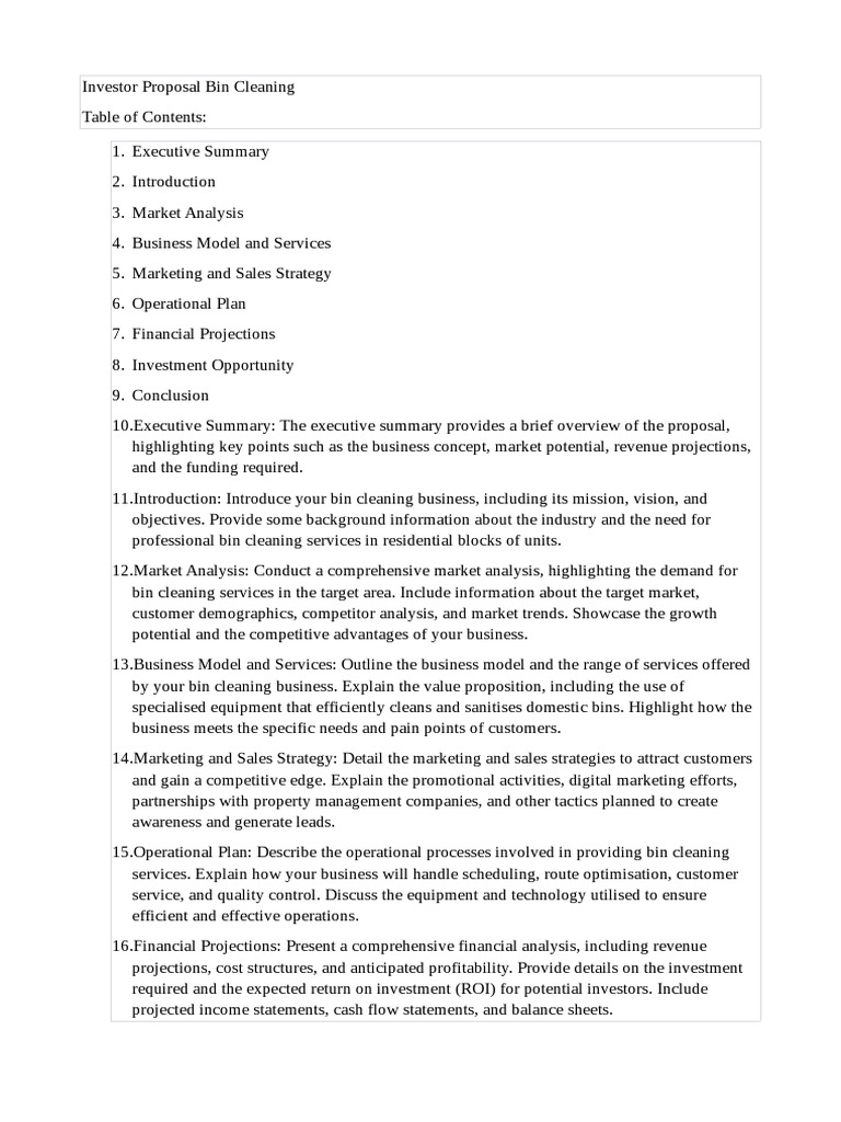 Investor Proposal for Bin Cleaning Services | PDF | Marketing | Investing