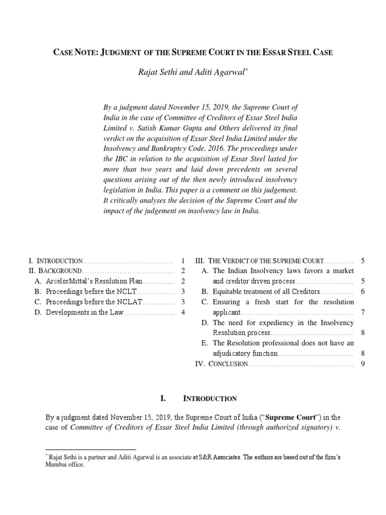 Case Note Judgment of The Supreme Court in The Essar Steel Case | PDF ...