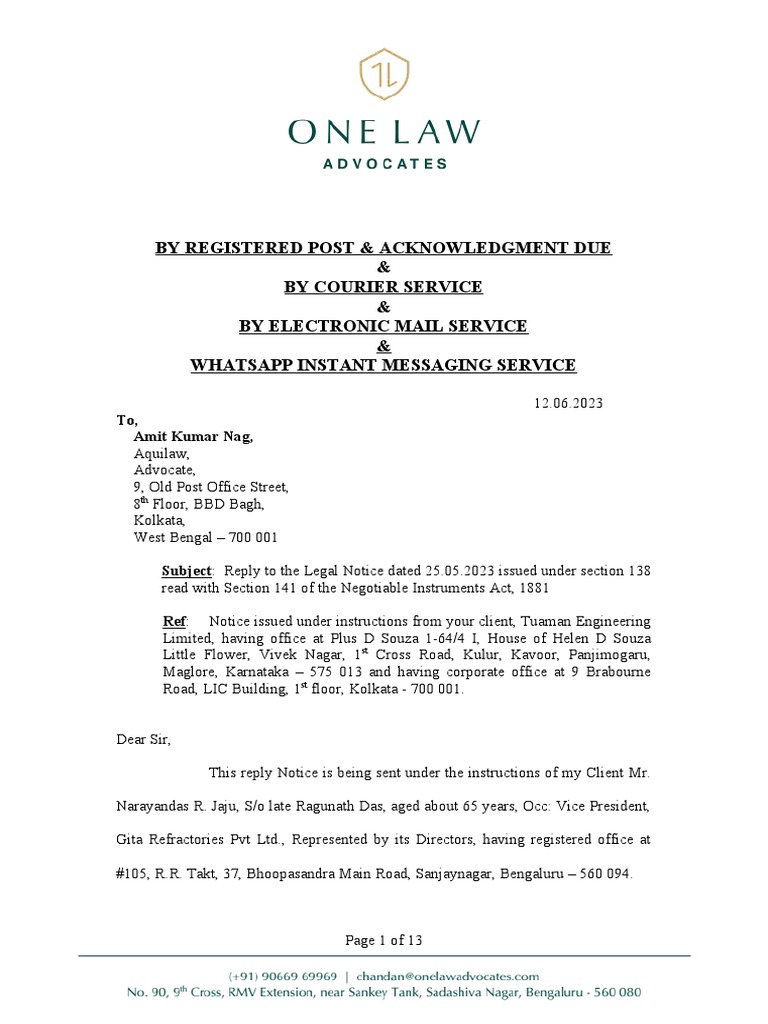 Legal Notice Reply Format for Section 138 | PDF | Cheque | Breach Of ...