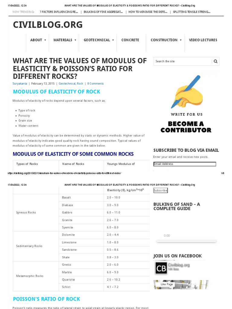 Modulus of Elasticity & Poisson's Ratio For Different Rocks | PDF ...