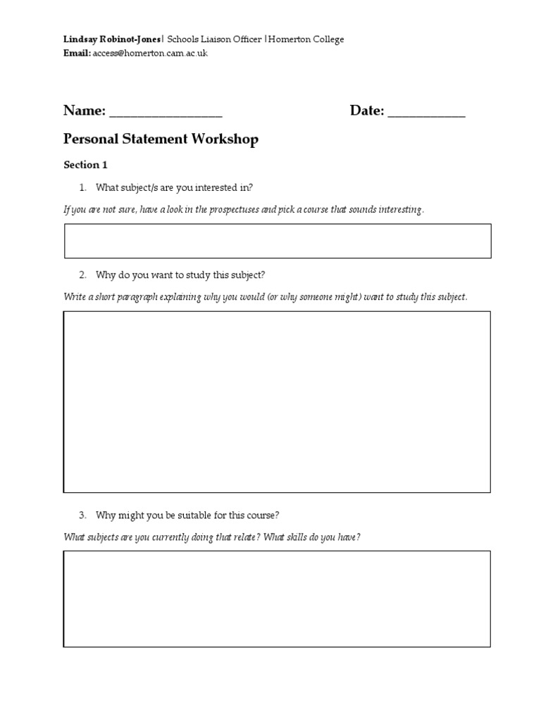 Personal Statement Workshop Activity Sheet | Download Free PDF ...