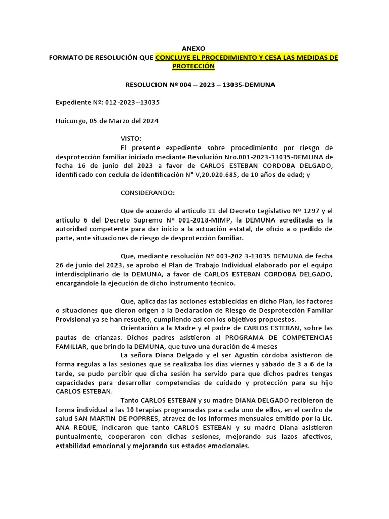 Formato de Resolución Que Concluye El Procedimiento y Cesa Las Medidas ...