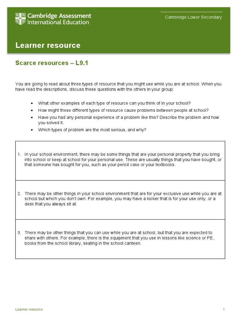 Challenge - Stage 9 - Scarce Resources - L9.1 - tcm143-660713 | PDF