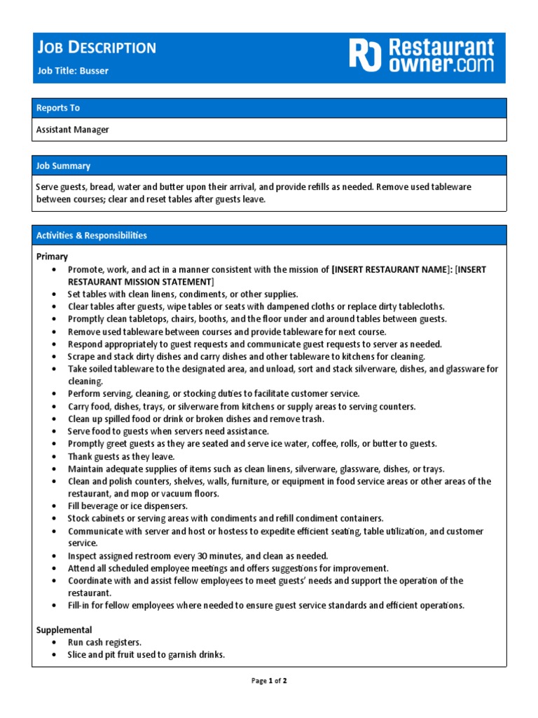 Busser Job Description | PDF | Tableware | Point Of Sale
