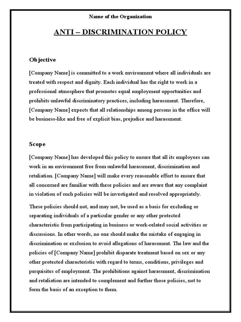 Anti Discrimination Policy | PDF | Sexual Harassment | Prejudice And ...