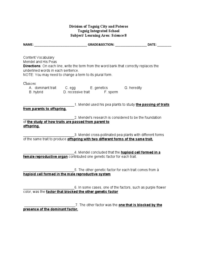 Mendelian Genetics Vocabulary Worksheet | PDF