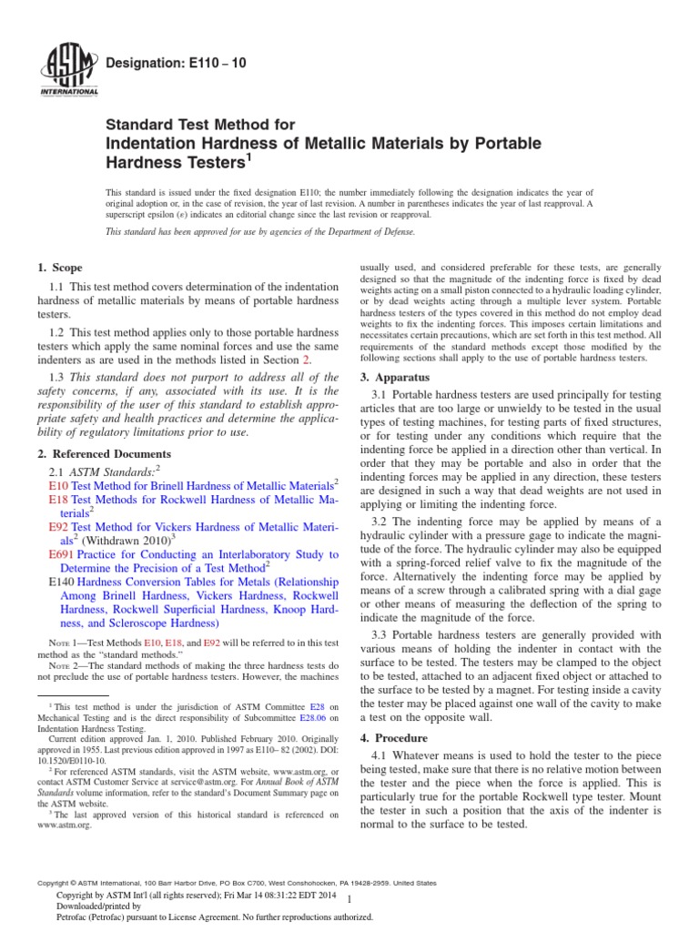 ASTM E110 (2010) - Standard Test Method For Indentation Hardness of ...