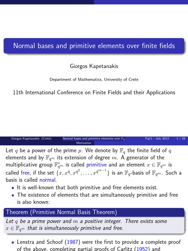 Normal Bases and Primitive Elements Over Finite Fields | PDF | Field (Mathematics) | Abstract ...