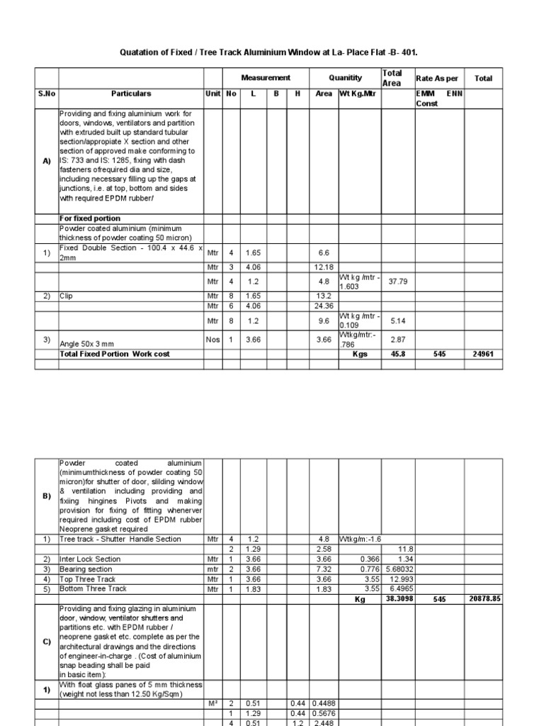 Aluminium Window Costing | PDF | Window | Civil Engineering