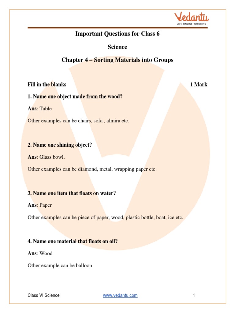 CBSE Class 6 Science Chapter 4 Sorting Materials Into Groups Important ...