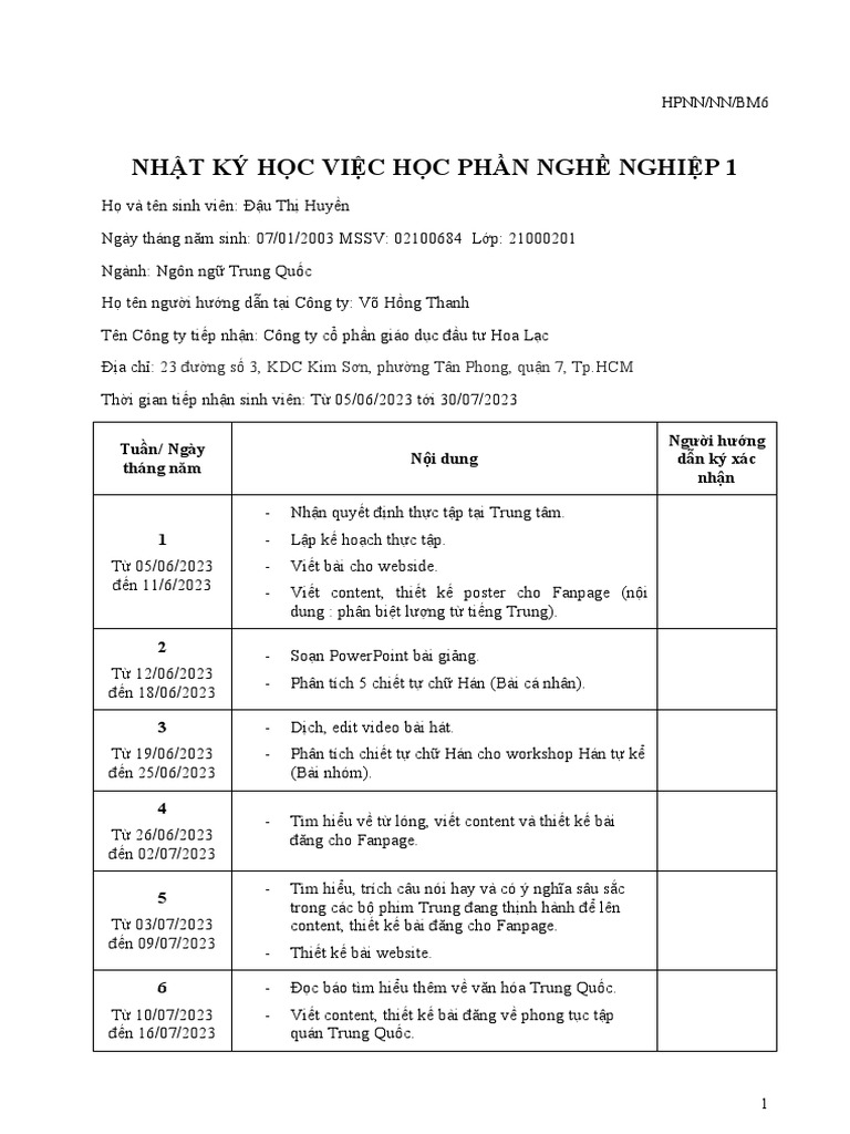 Bm6-Nhat Ky Hoc Viec Hpnn1 - Đậu Thị Huyền | PDF
