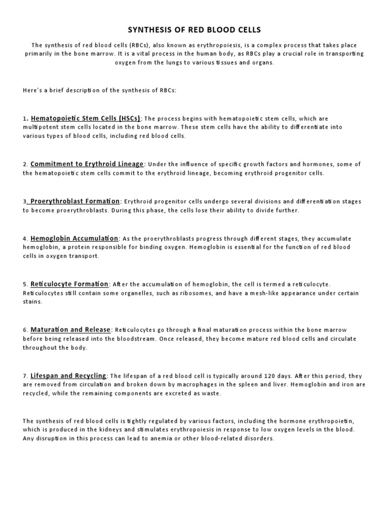 Synthesis of Red Blood Cells | PDF