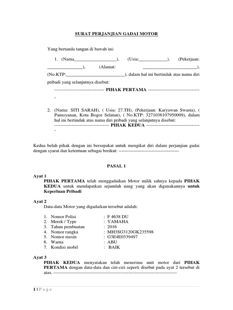 Contoh Surat Perjanjian GADAI Mobil | PDF