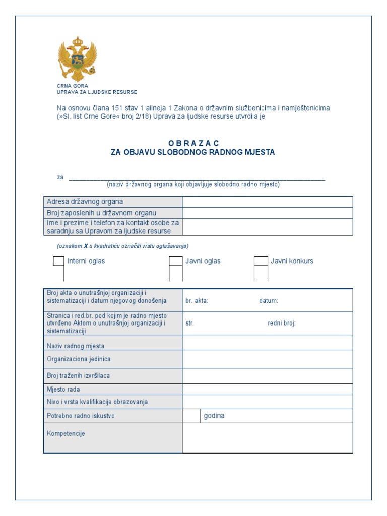 Obrazac Za Objavu Radnog Mjesta | PDF