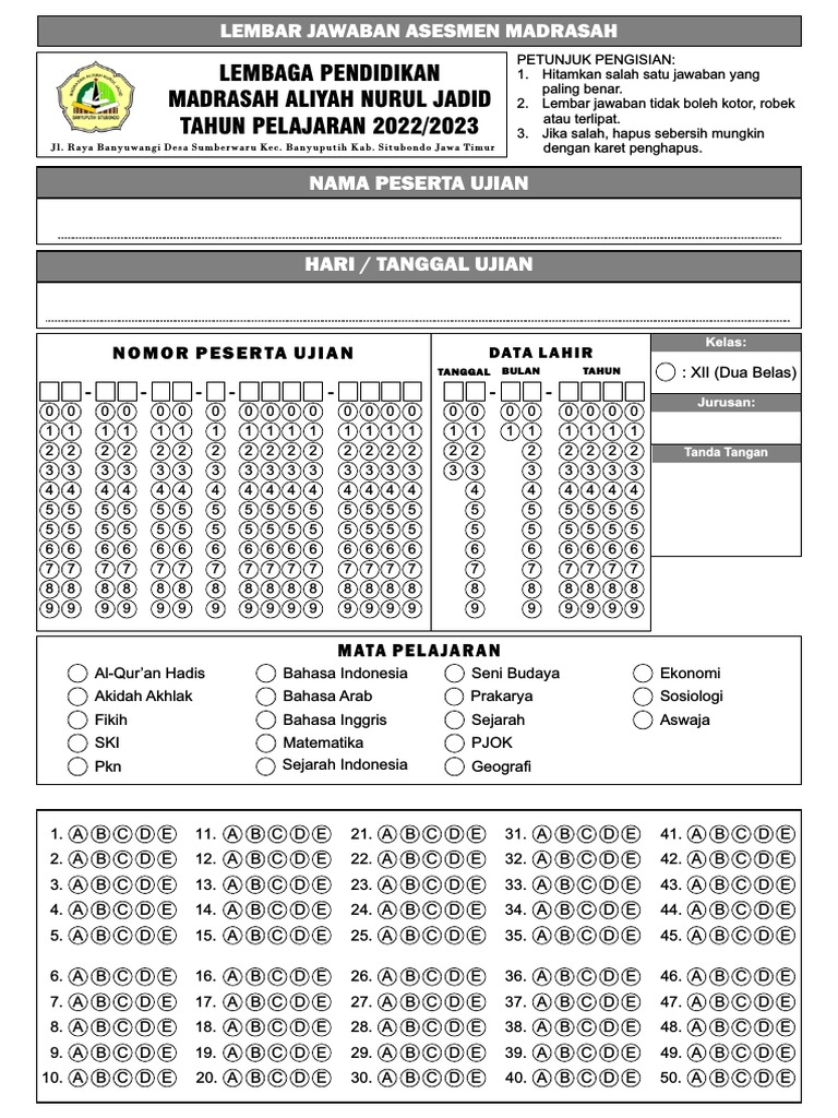 Lembar Jawaban Ujian Madrasah 2024 | PDF