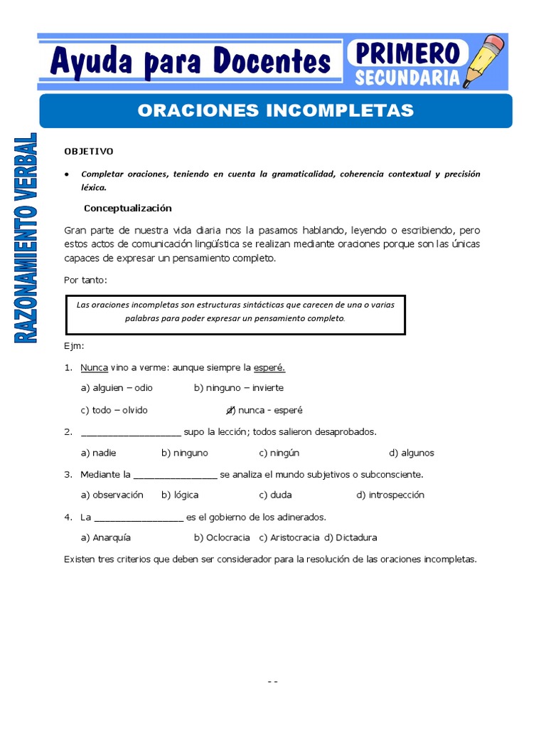 Oraciones Incompletas para Primero de Secundaria | PDF | Pensamiento ...