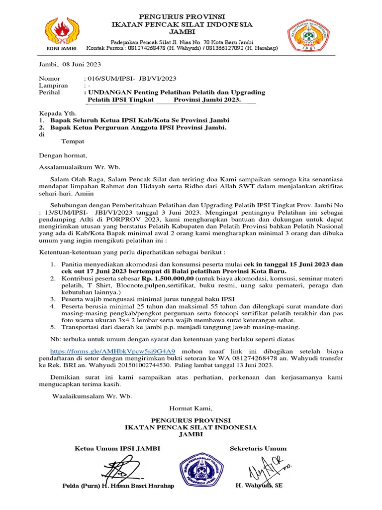 Surat Undangan Pelatihan Pelatih IPSI 2023 | PDF