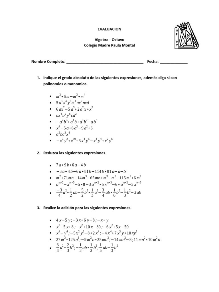 Evaluación de Álgebra para Octavo Grado | PDF