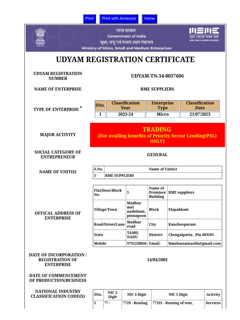 Print - Udyam Registration Certificate | PDF | Economies
