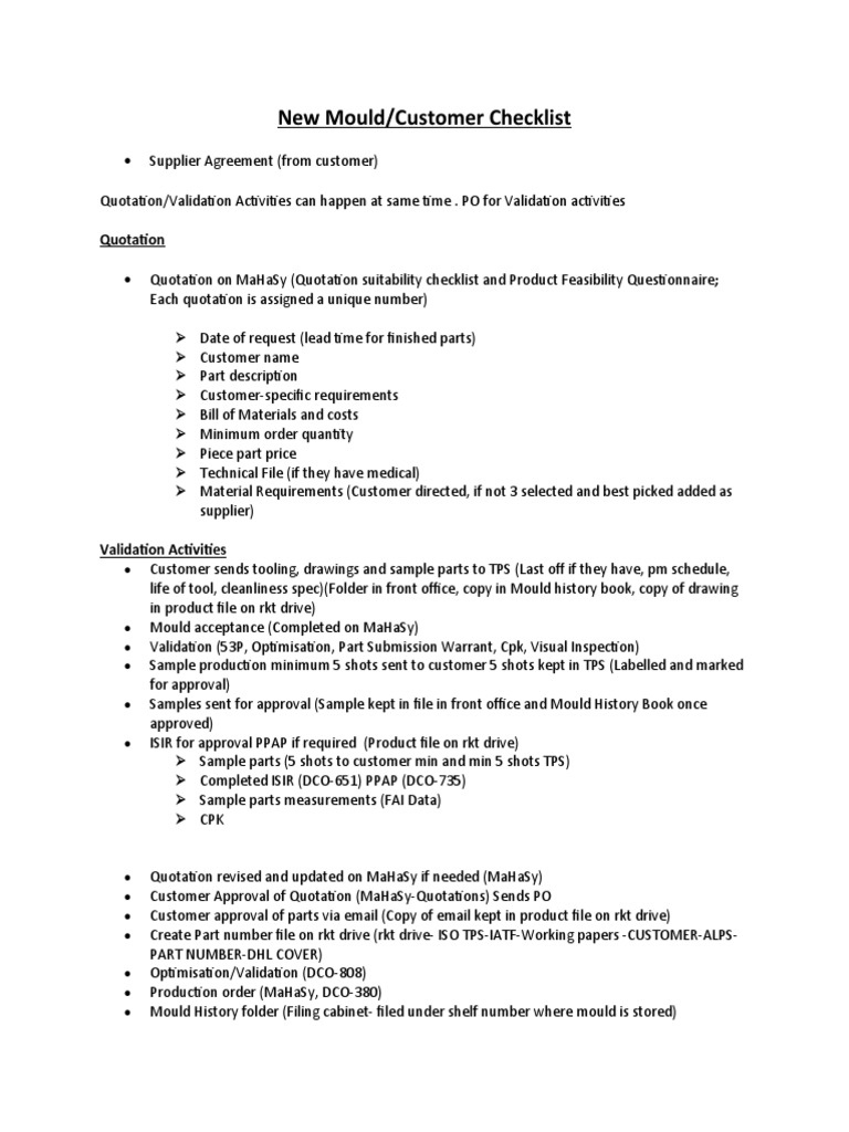 Mould Inspection and Customer Checklist | PDF | Computing