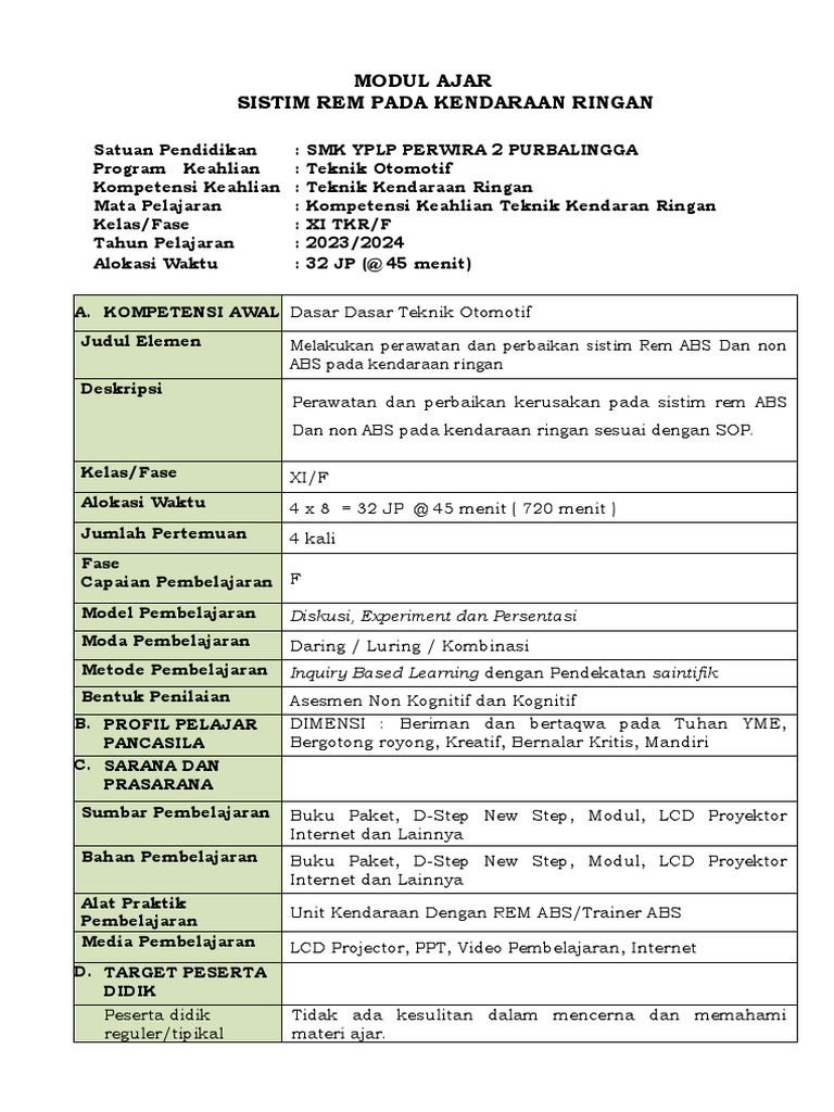Modul Ajar - Rem Abs Dan Non Abs - Sistim Sasis Kendaraan Ringan | PDF | Karier & Perkembangan
