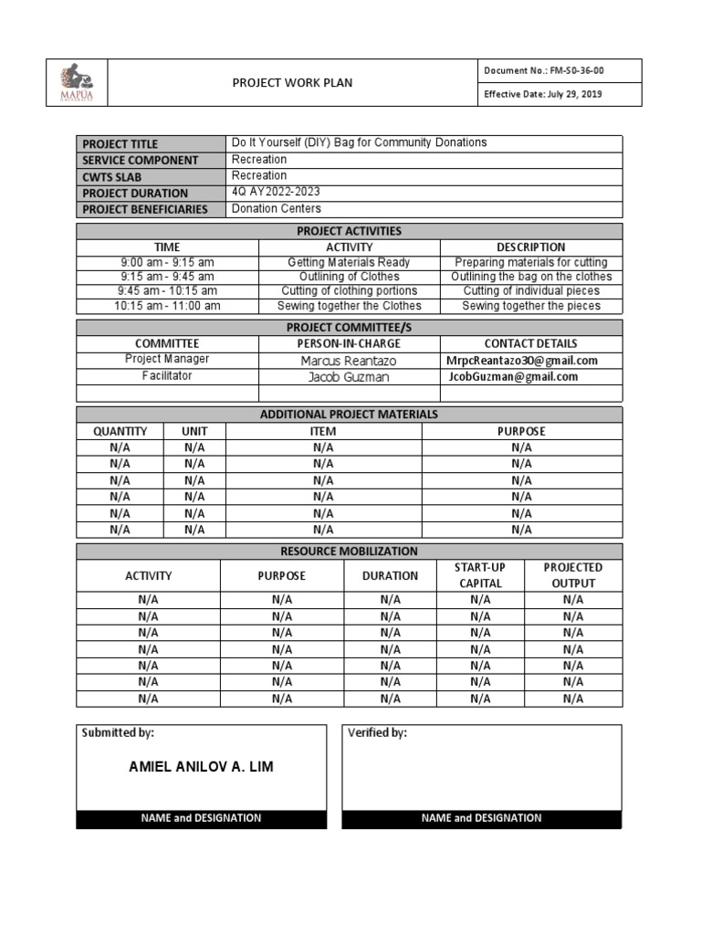 CWTS103 Project Work Plan-LIM | PDF | Clothing | Manufactured Goods