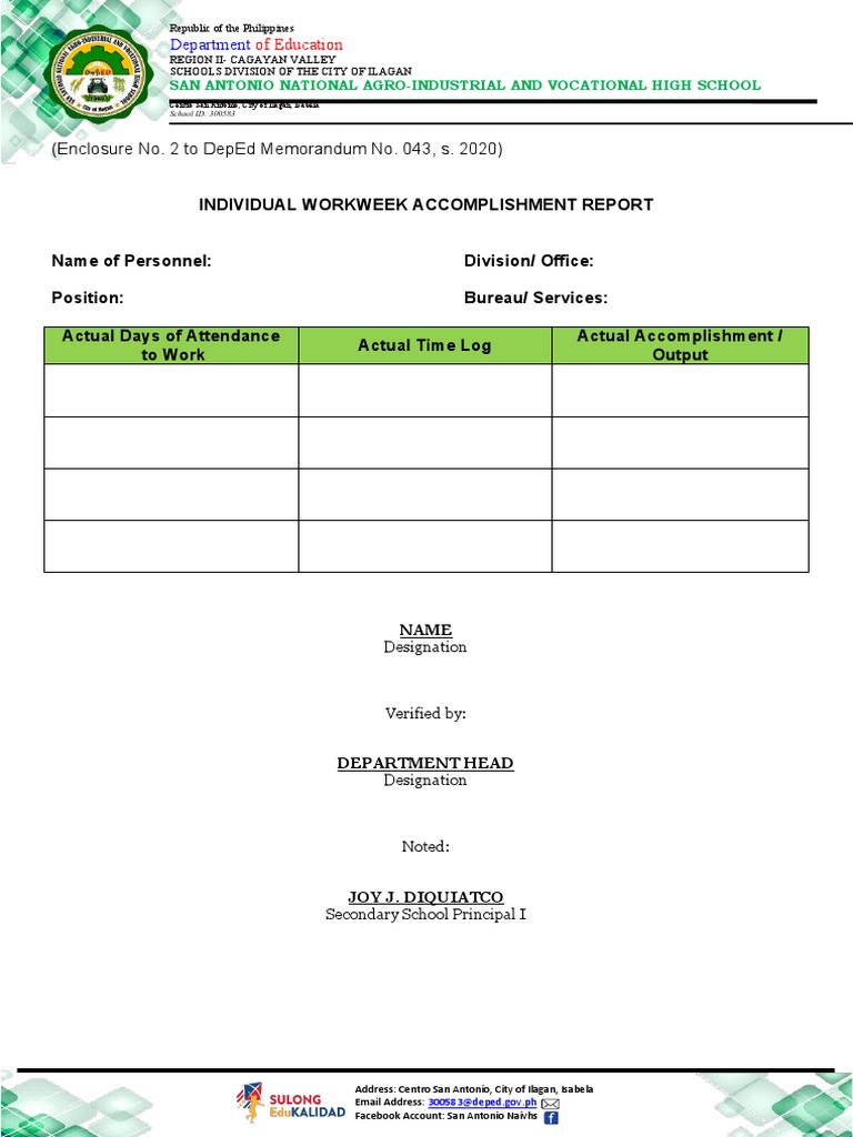 Deped Individual Workweek Accomplishment Report | PDF