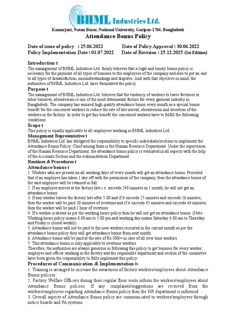 Attendance Bonus Policy Overview | PDF | Employment | Overtime