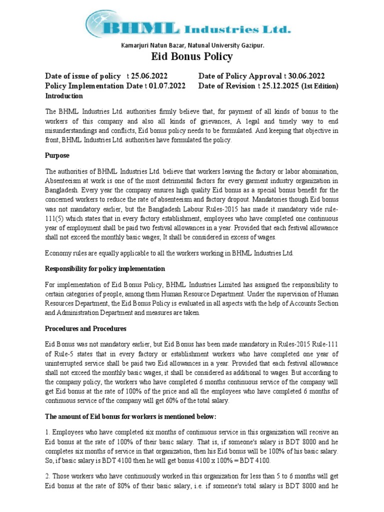 Eid Bonuos Policy (English) | PDF | Salary | Employment