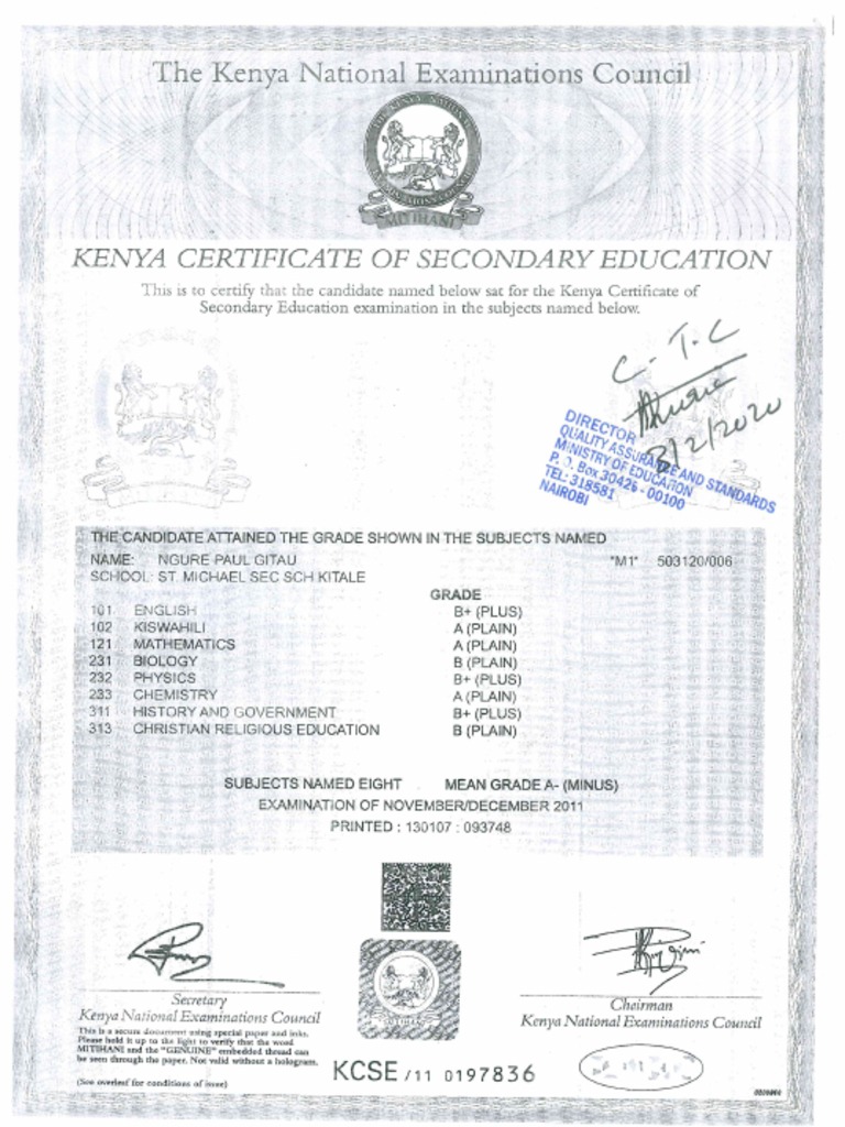 KCSE CERTIFICATE | PDF