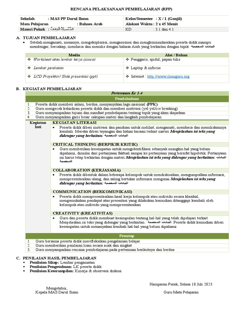 RPP Bahasa Arab Kelas X | PDF