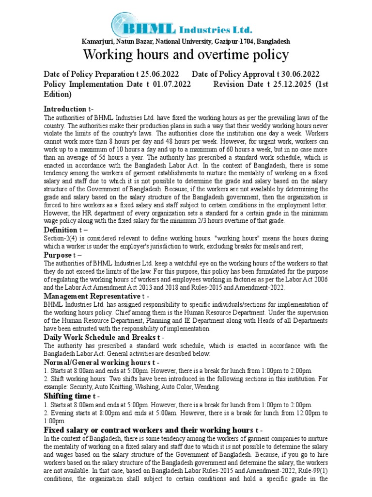 Working Hours and Overtime Policy (English) | PDF | Working Time | Overtime