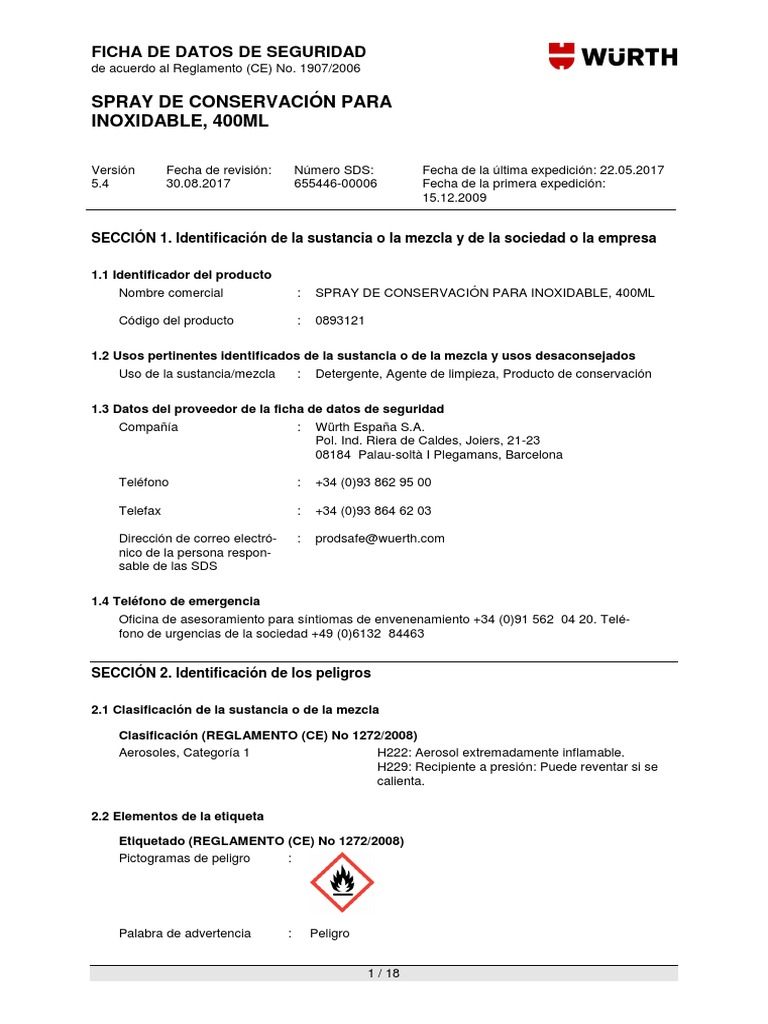 Ficha Seguridad Tecnica Spray Mantenimiento Acero Inoxidable | PDF ...