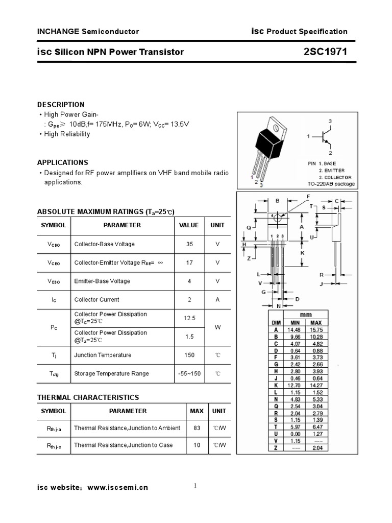 Inchange Semiconductor 2SC1971 Datasheet | PDF | Bipolar Junction ...