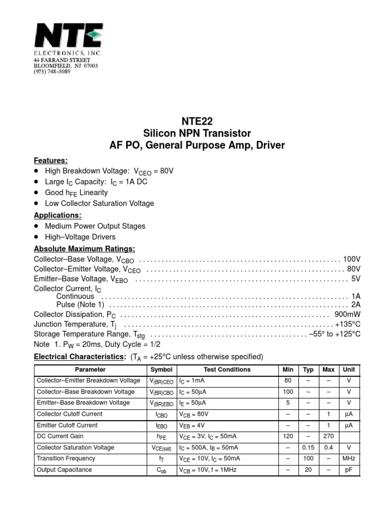 Nte 22 | PDF | Bipolar Junction Transistor | Electrical Engineering