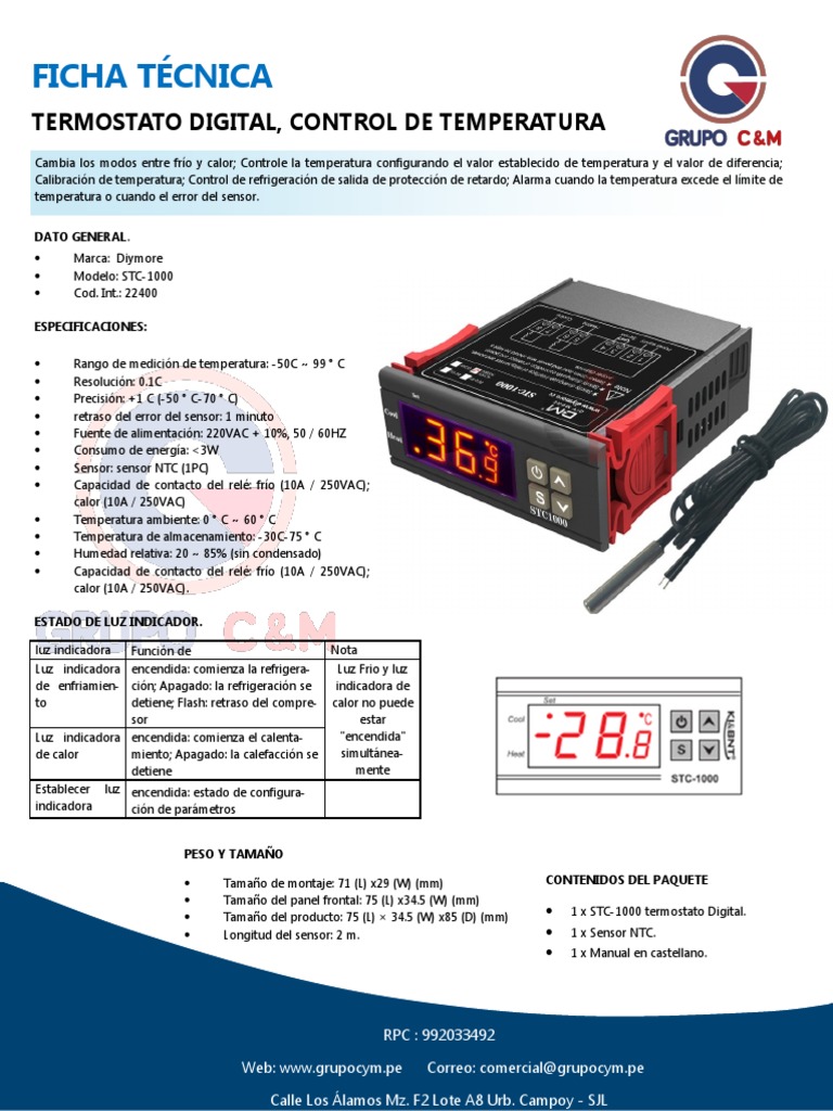 Ficha Tecnica Termostato Digital, Control de Temperatura STC 1000 Inc ...