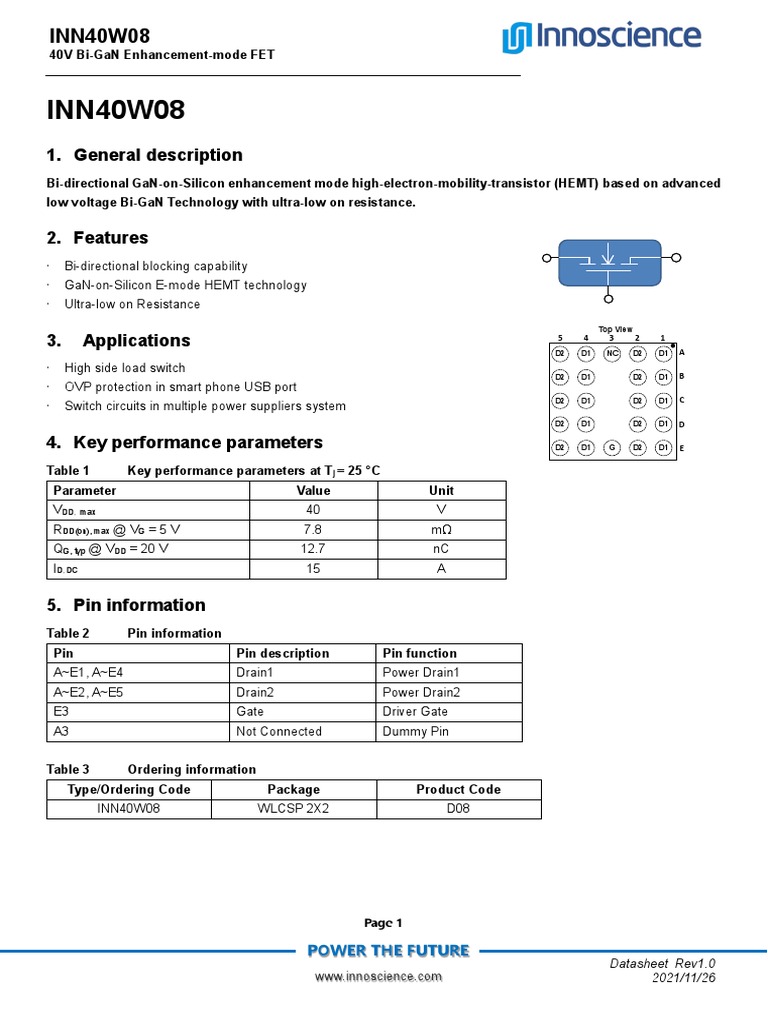 INN40W08 Datasheet Rev1.0 | PDF | Field Effect Transistor | Physical Sciences