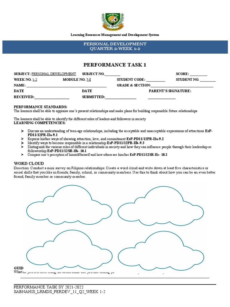 Performance Task 1: Personal Development Quarter 2-Week 1-2 | PDF ...