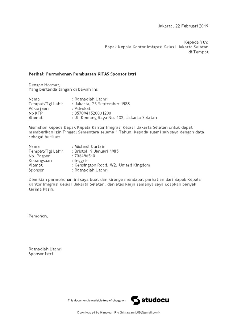 contoh-surat-permohonan-kitas-sponsor-istri | PDF